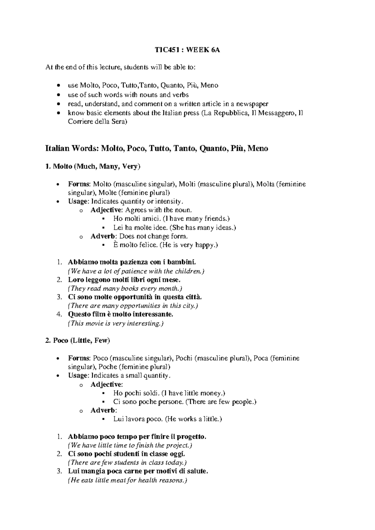 TIC451 : WEEK 6A - Usage of Molto, Poco, Tutto, Tanto, Quanto, Più ...