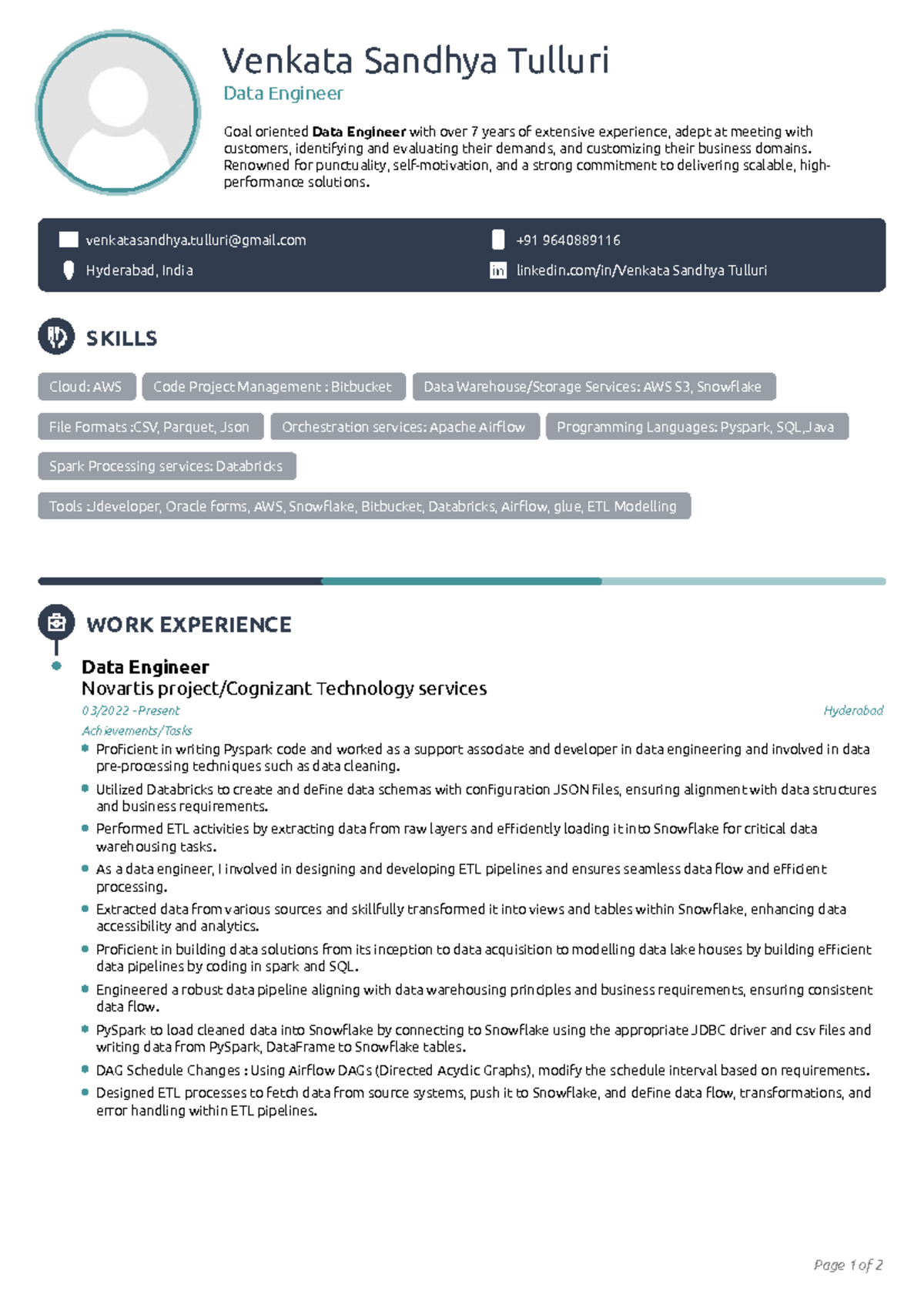 Data Engineer Resume - Sandhya Tulluri (7+ Years Experience) - Studocu