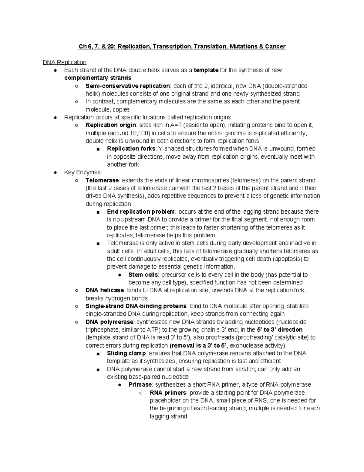 Ch 6, 7, & 20: DNA Replication, Transcription, Translation & Mutations ...