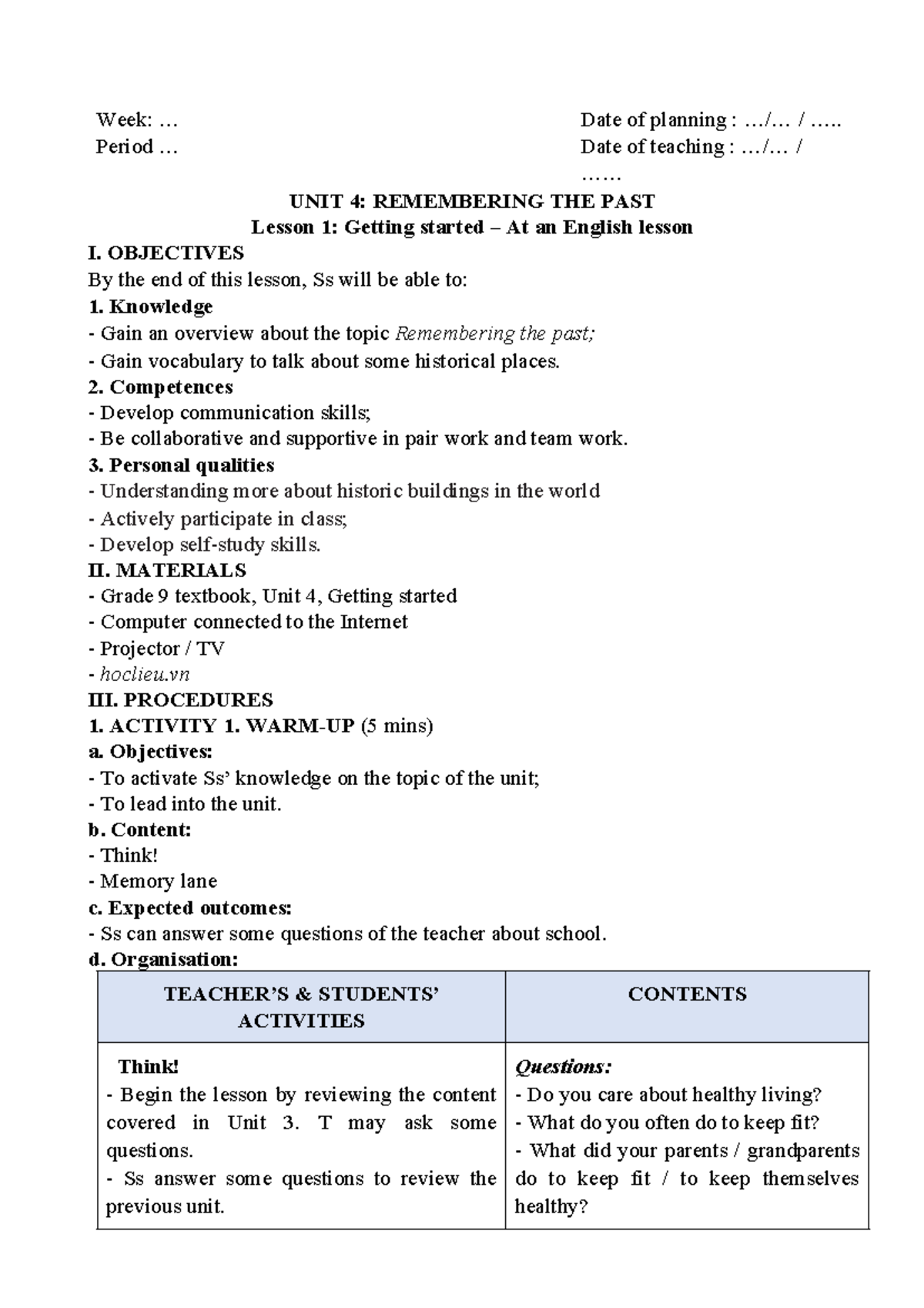 Grade 9 English Lesson Plan: Unit 4 - Remembering the Past - Studocu