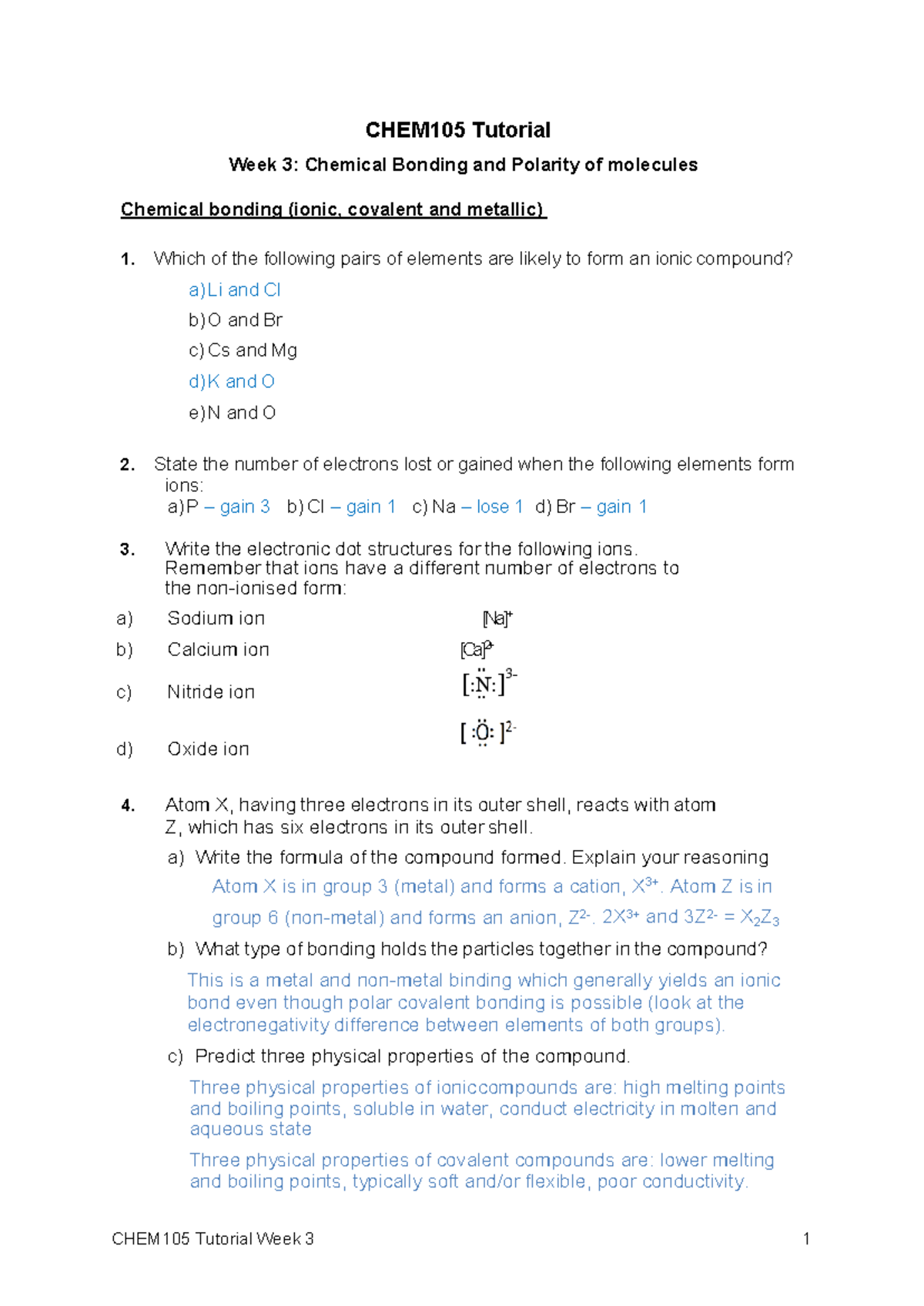 CHEM105 Week 3 Tutorial: Chemical Bonding & Molecular Polarity ...