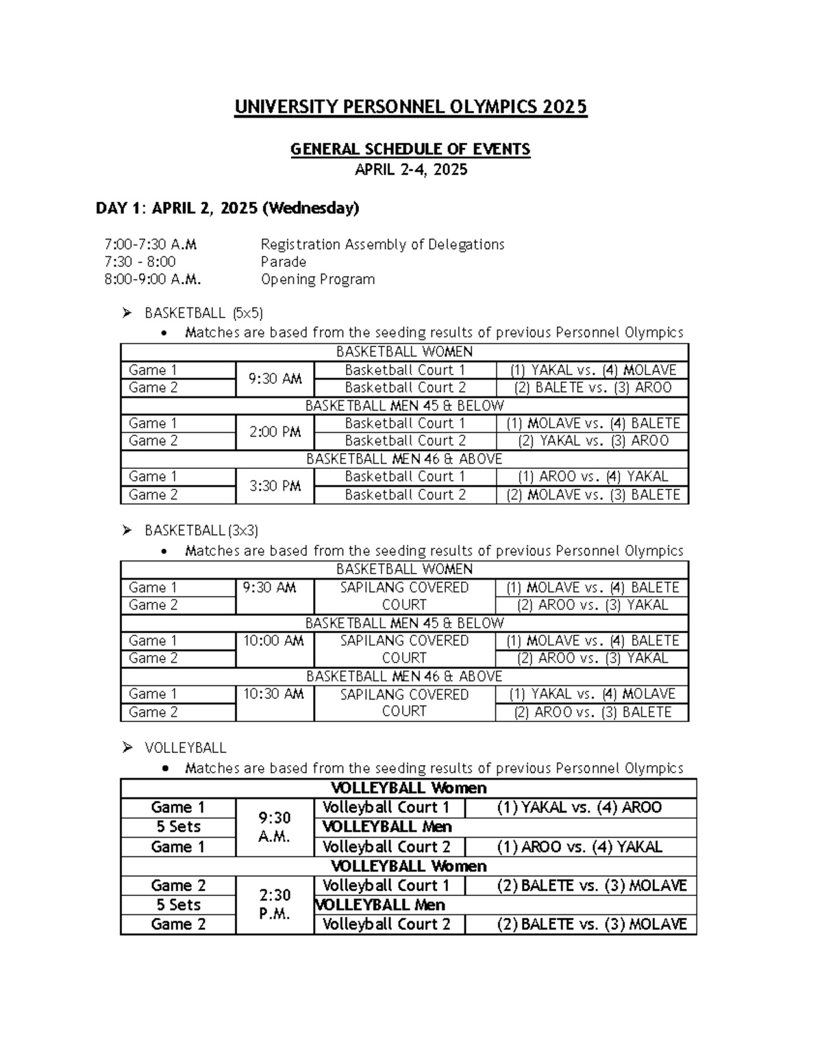 General Schedule of Events University Personnel Olympics 2025 Edited ...