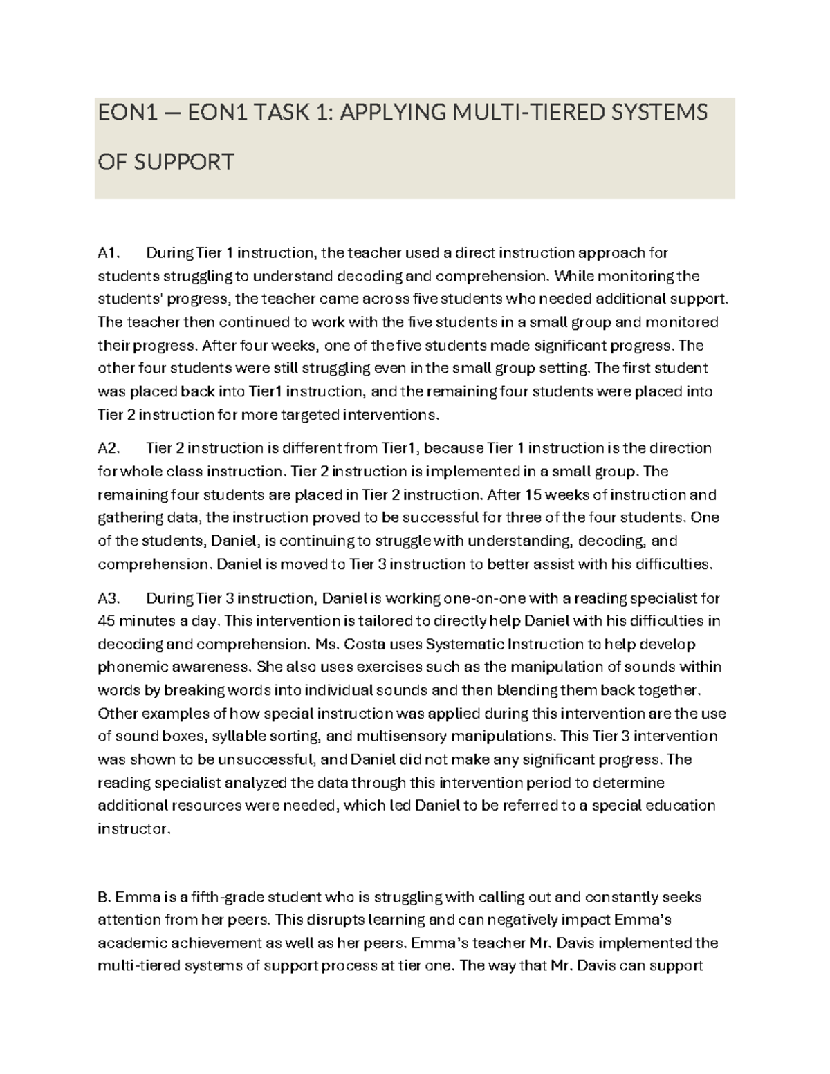 EON1 Task 1: Implementing Tiered Support Systems for Student Success ...