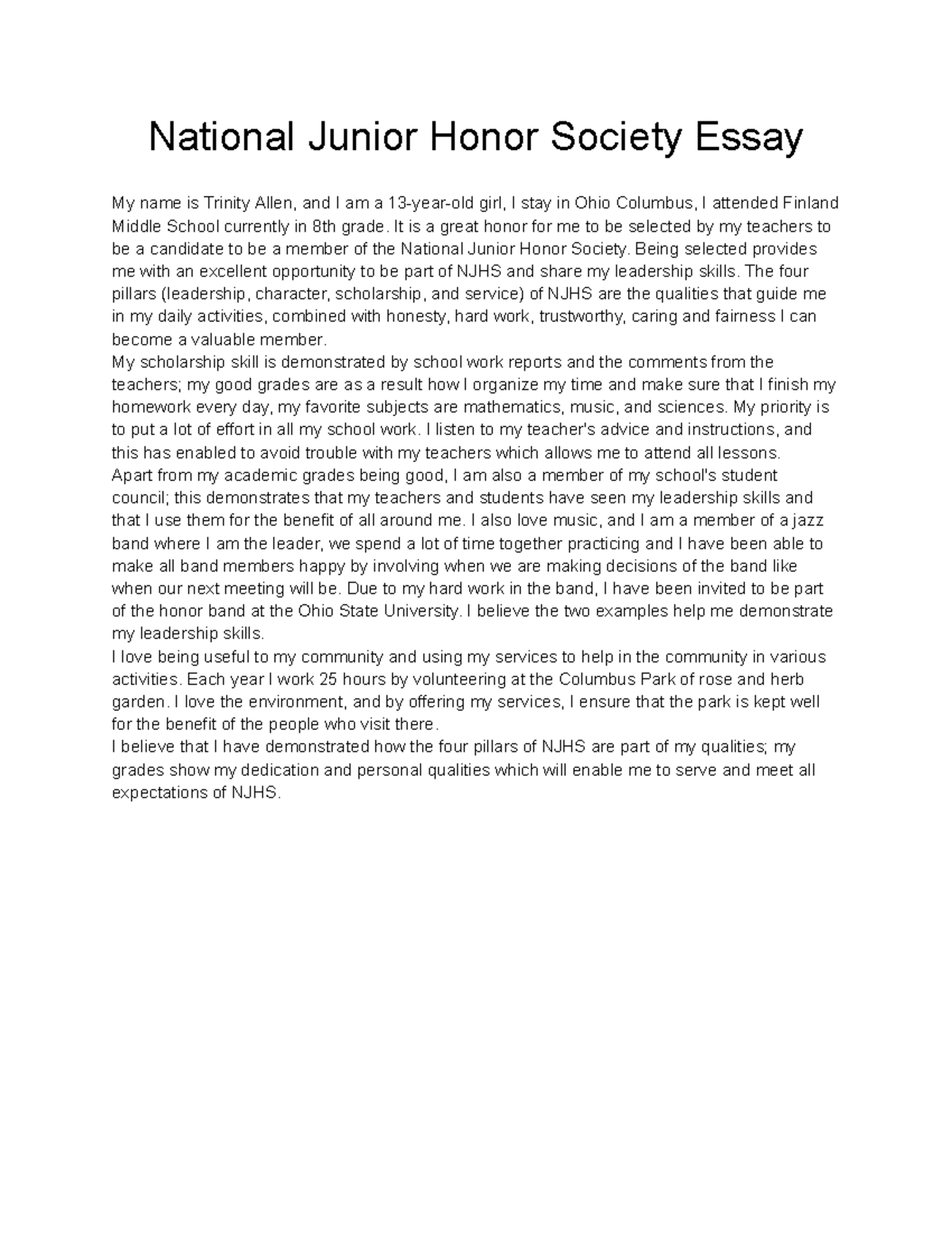 National Junior Honor Society Essay - It is a great honor for me to be ...