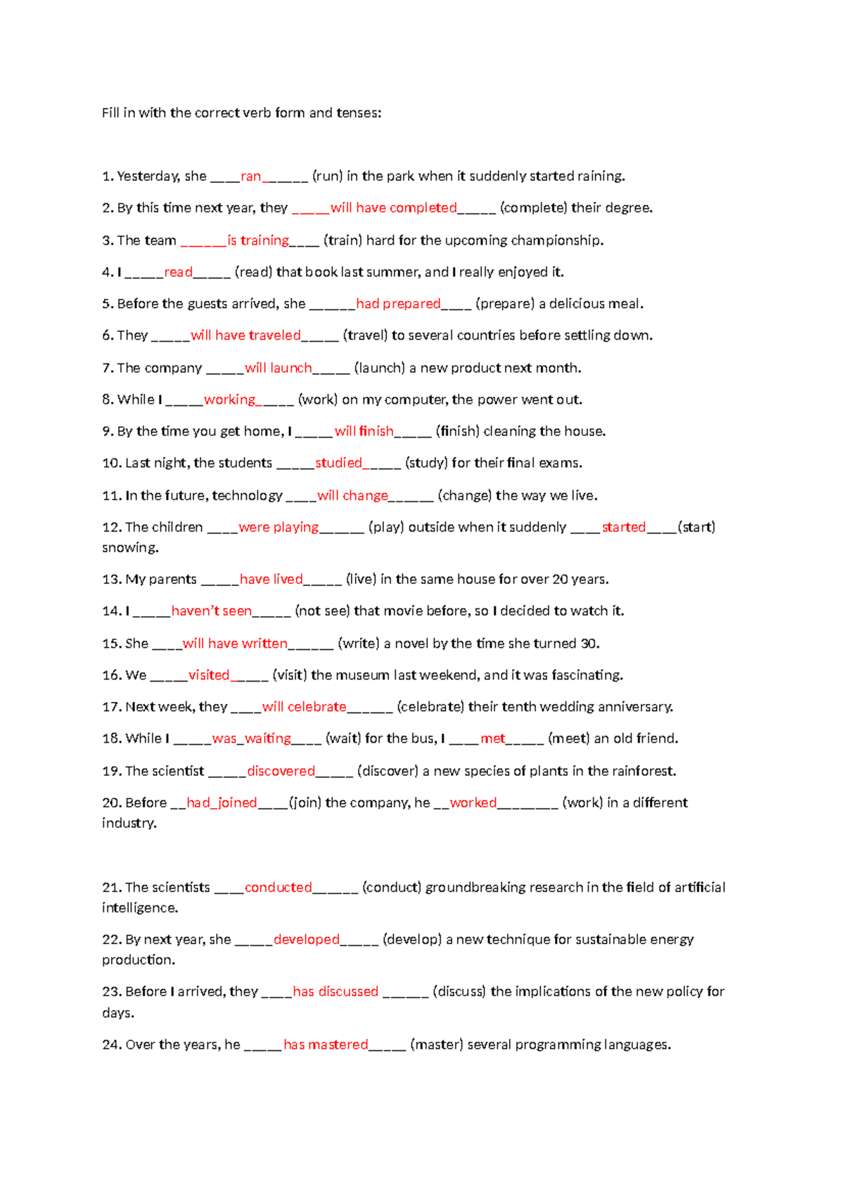 Verb Forms and Tenses Practice Exercises: Fill in the Blanks - Studocu
