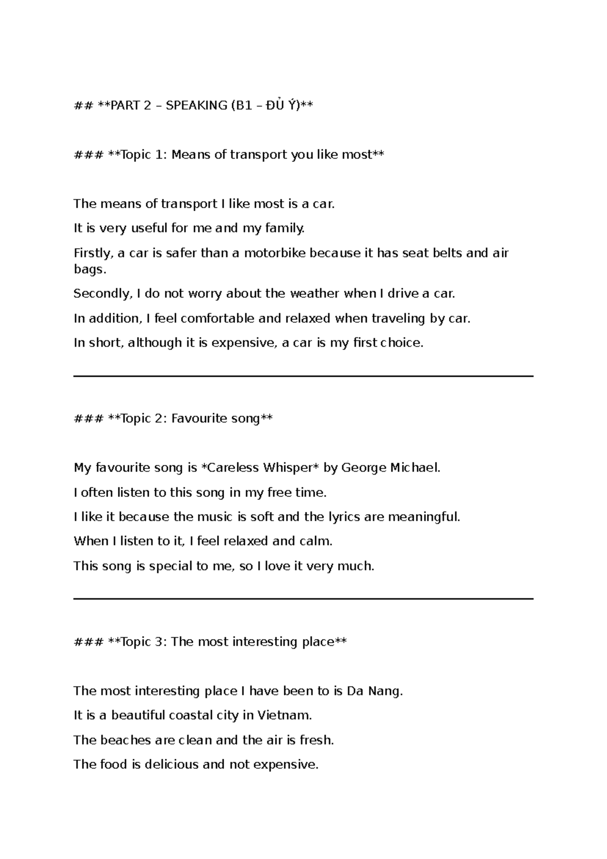 B1 Speaking Summary: Means of Transport, Favorites & Future Plans - Studocu