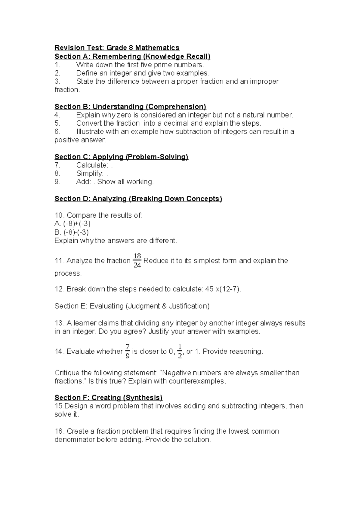 Revision Assignment: Grade 8 Math Term 1 Test - Studocu