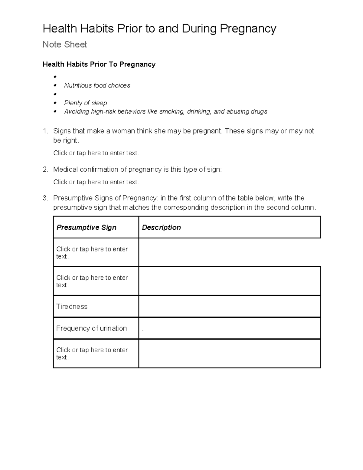 Health Habits for Pregnancy: A Note Sheet on Nutrition & Signs - Studocu