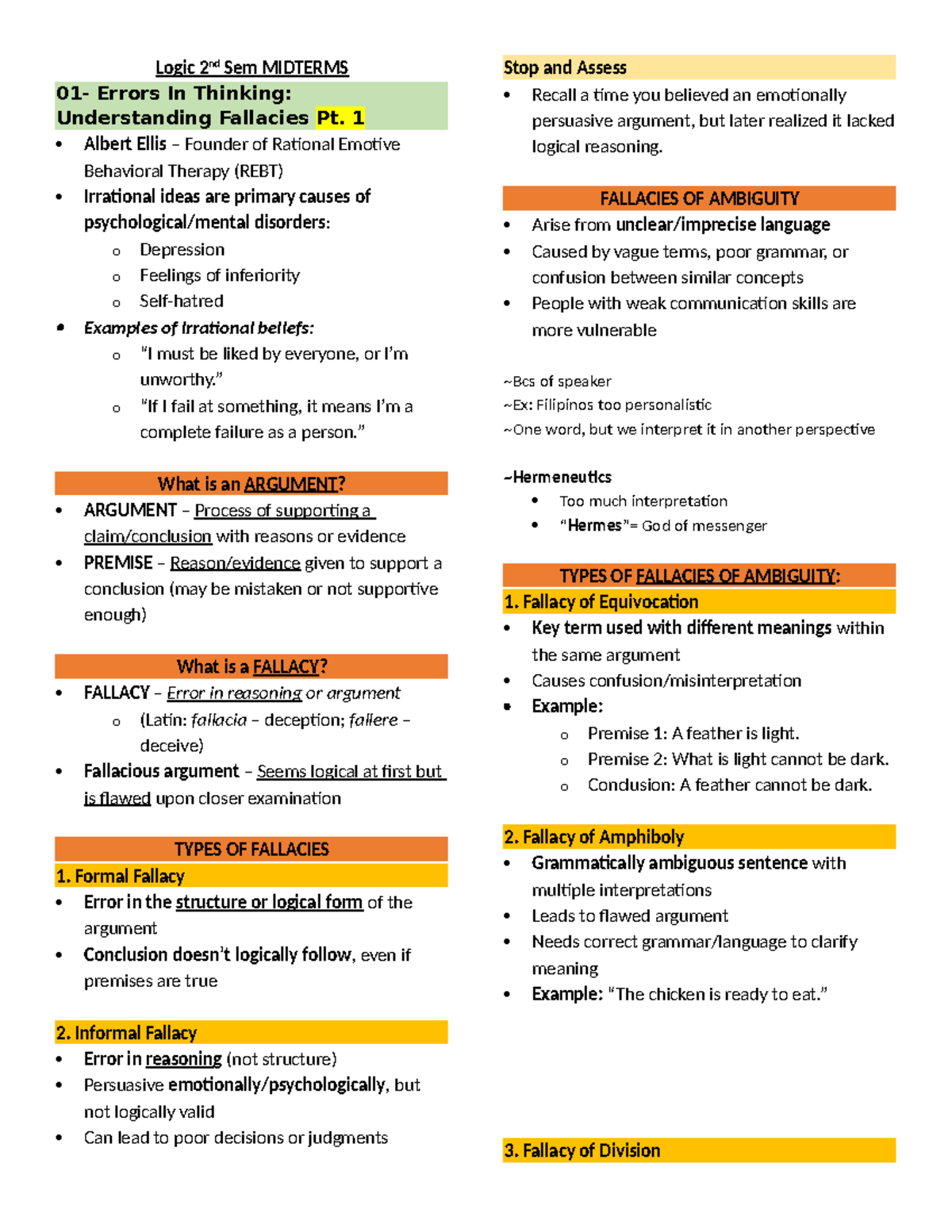 Logic 2nd Sem MIDTERMS: Understanding Fallacies and Errors in Thinking - Studocu