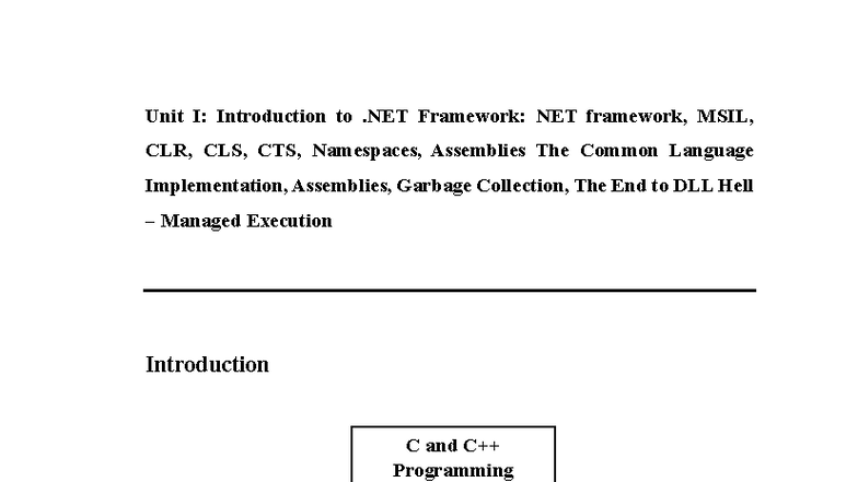 Unit I: Intro to .NET Framework - Key Concepts and Features - Studocu
