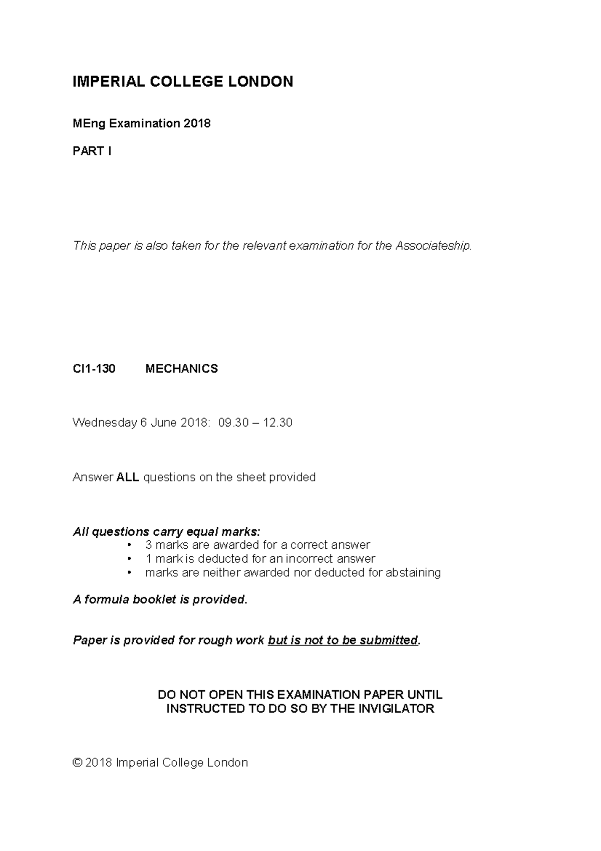 CI1-130 Mechanics Final Exam 2018 - Imperial College London - Studocu