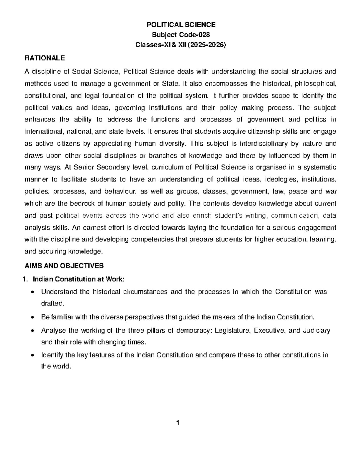 Political Science Course Overview for Classes XI & XII (2025-26) - Studocu