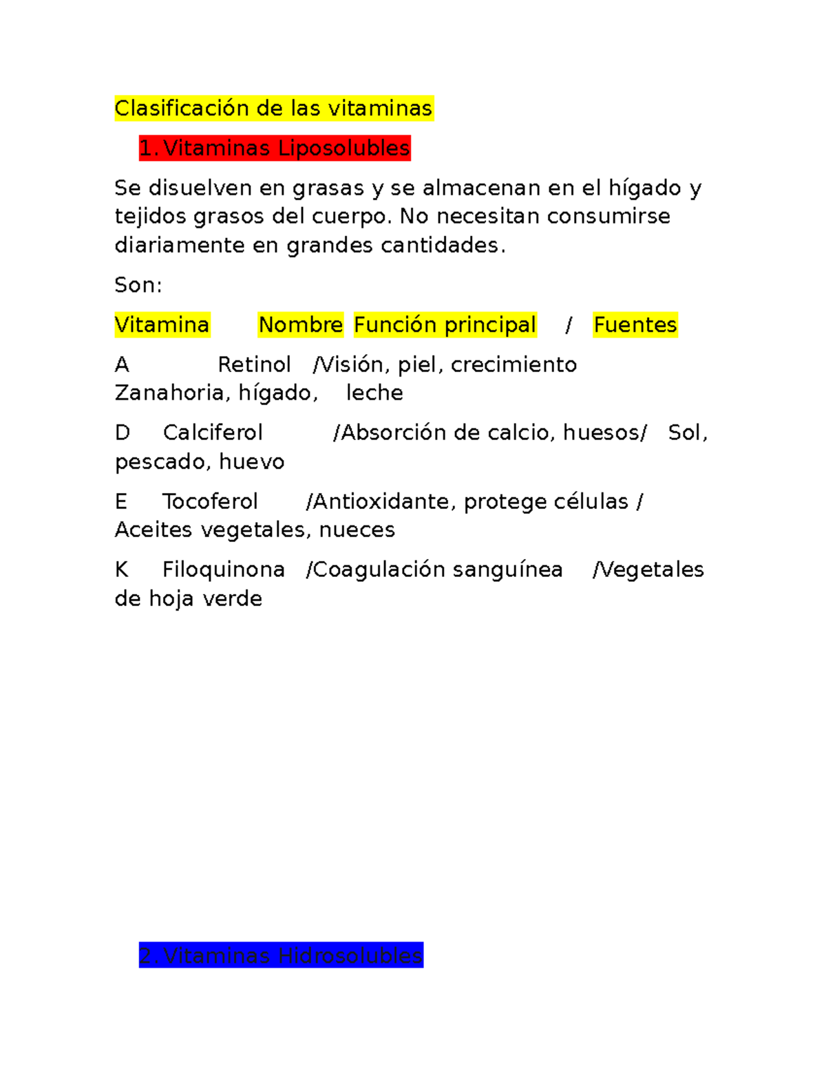 Clasificación de Vitaminas: Liposolubles y Hidrosolubles - Studocu