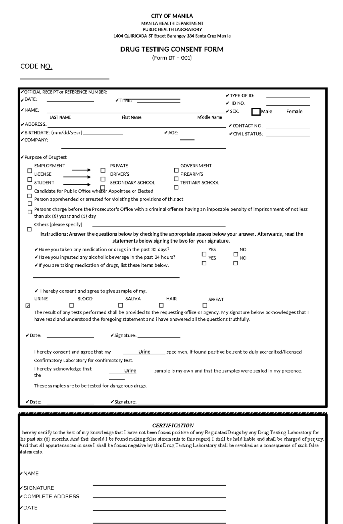Drug Testing Consent Form (Form DT 001) - Manila Health Dept - Studocu
