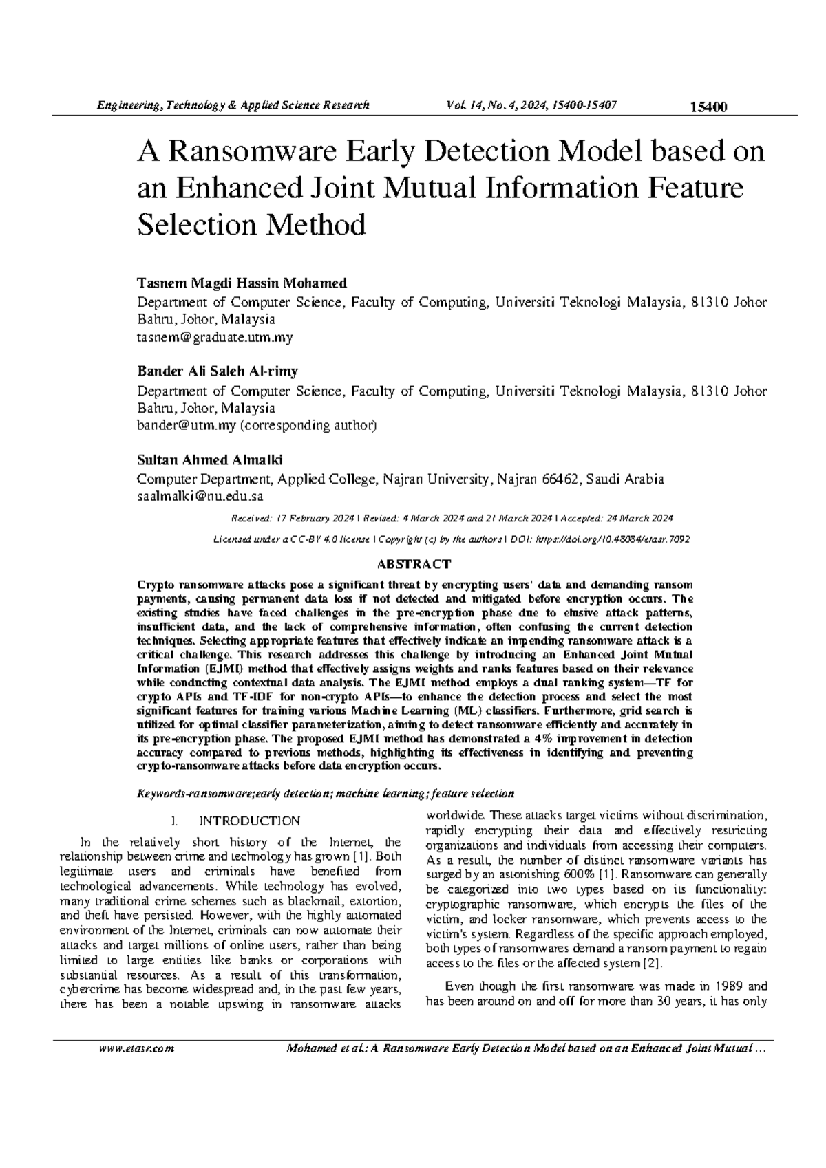Enhanced Joint Mutual Information for Ransomware Detection (ETASR 7092 ...