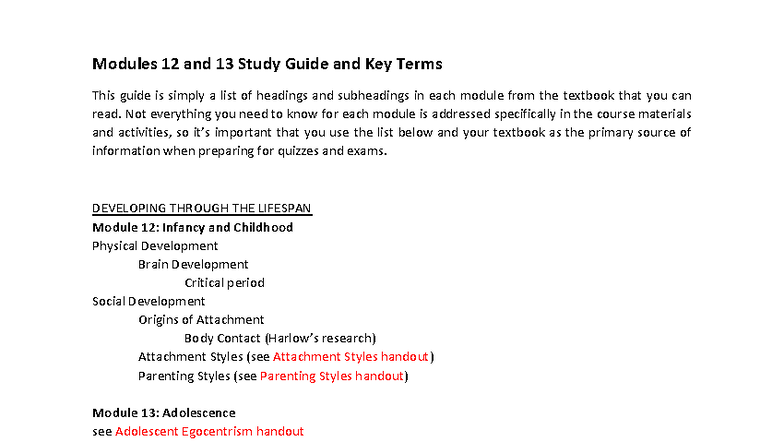 Modules 12 & 13 Study Guide: Infancy to Adolescence Overview - Studocu