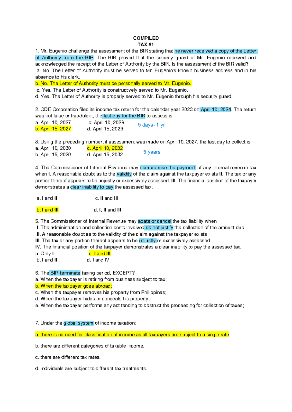TAX101: Compiled Case Questions and Answers for Tax Assessment Review ...