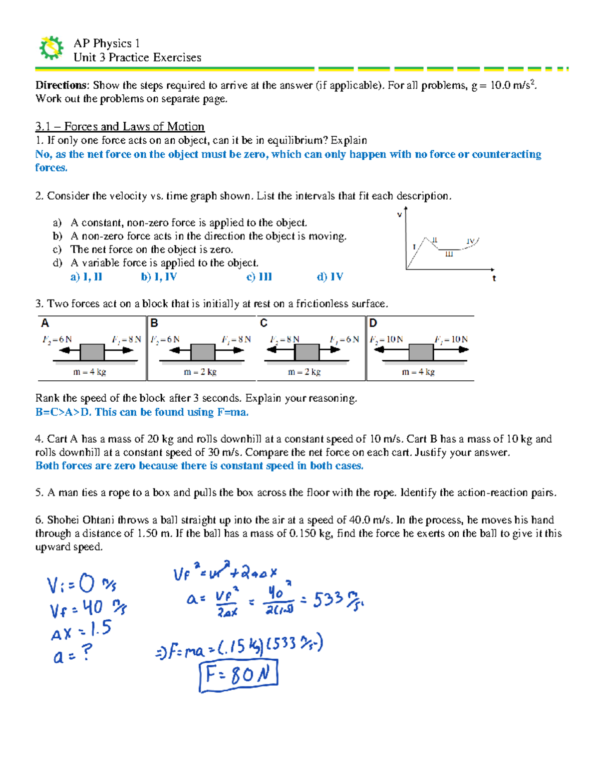 AP Physics 1: Unit 3 Practice Exercises & Solutions - Studocu