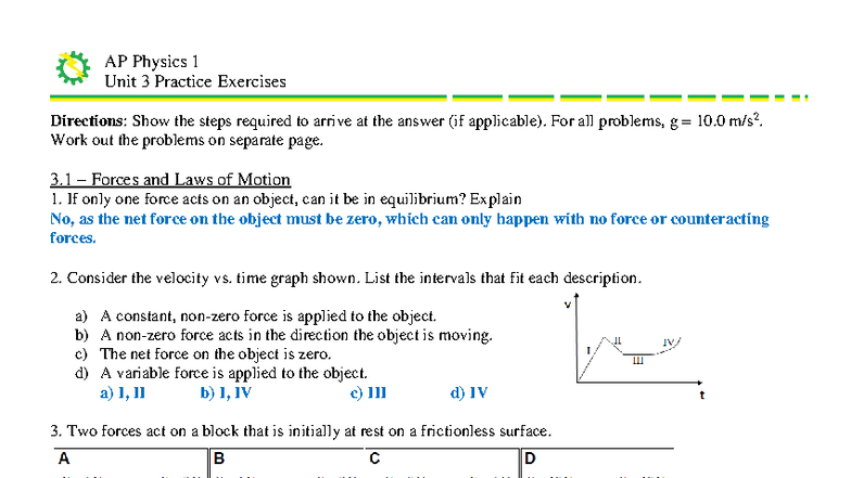 AP Physics 1: Unit 3 Practice Exercises & Solutions - Studocu