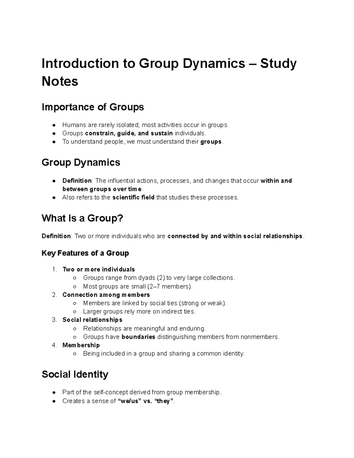 Introduction to Group Dynamics Study Notes (PSY 101) - Studocu