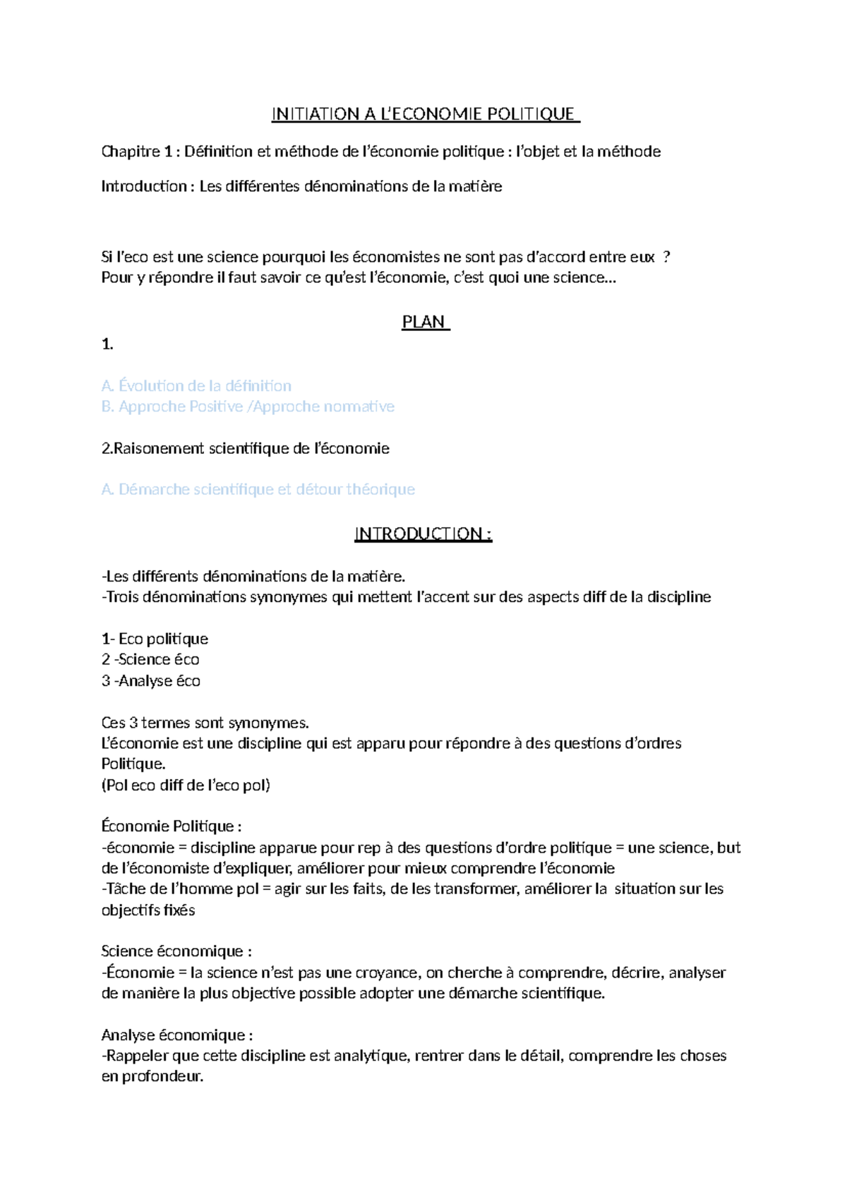 S1-L1-CHAP1-IPE : Définition et Méthodes en Économie Politique - Studocu
