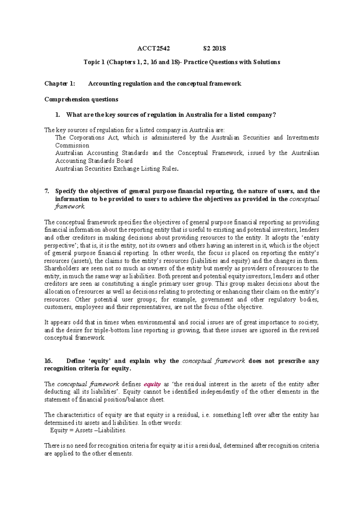 Topic 1 Practice Questions - ACCT2542 S2 2018 Topic 1 (Chapters 1, 2 ...