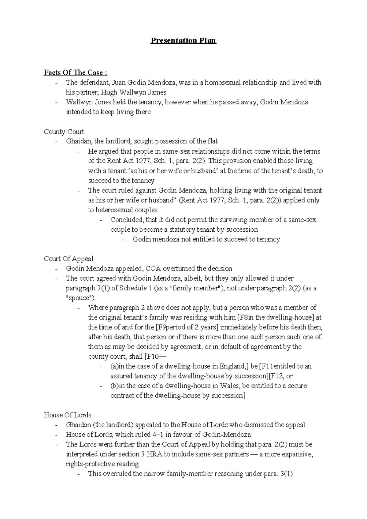Presentation Plan - Case Analysis of Ghaidan v Godin Mendoza - Studocu
