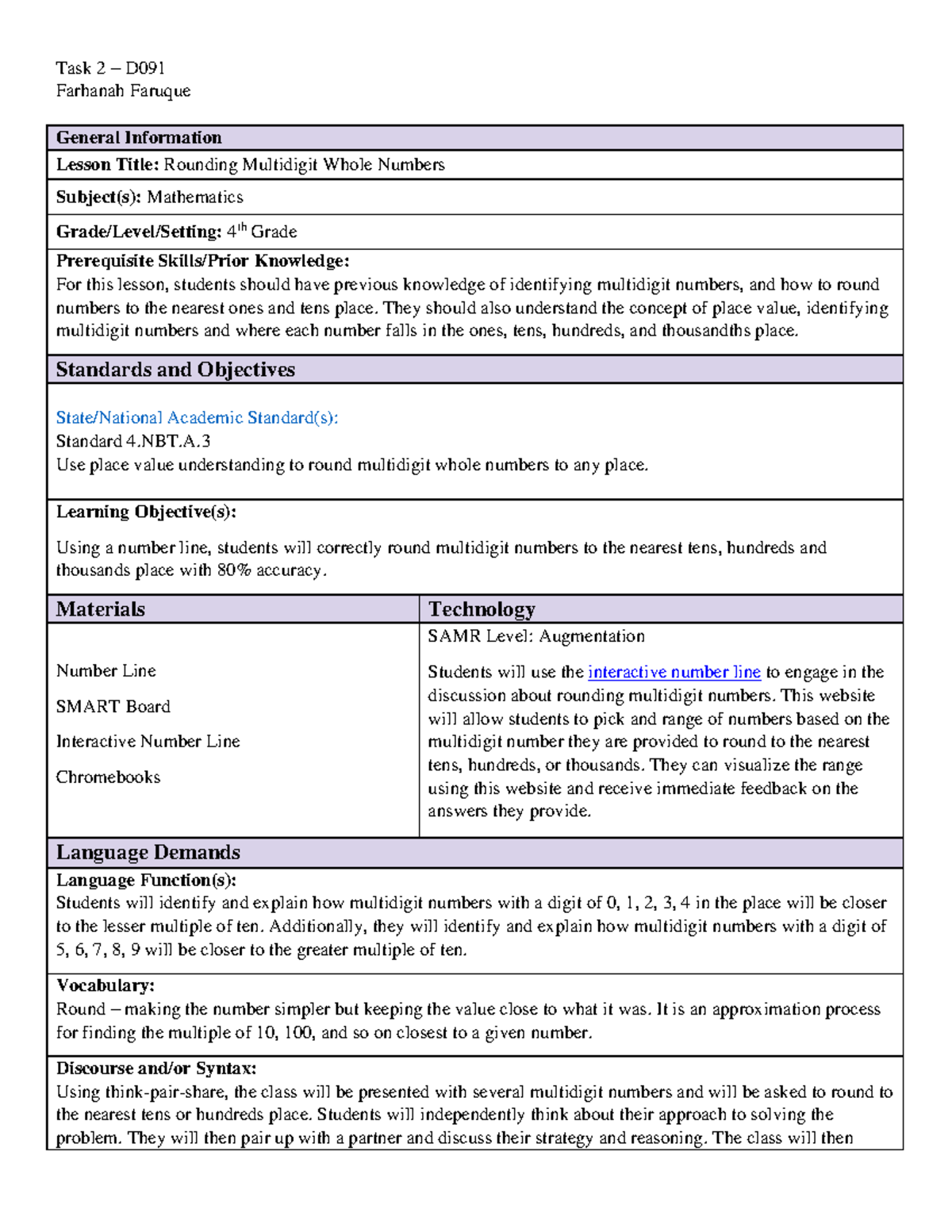 D091 - Task 2 - Lesson Planning for Rounding Multidigit Numbers - Studocu