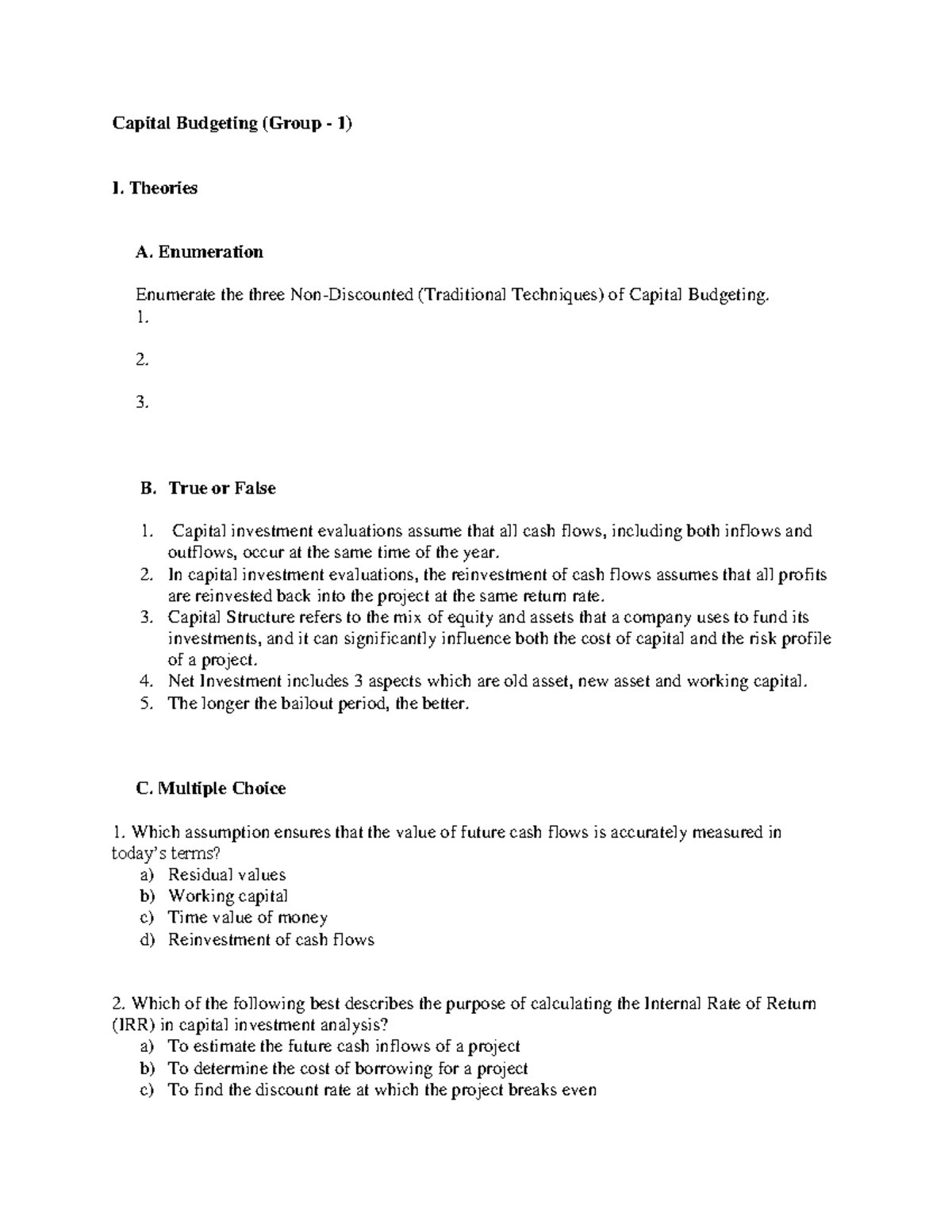 MAS 5 Capital Budgeting Exercise - Capital Budgeting (Group - 1) I ...