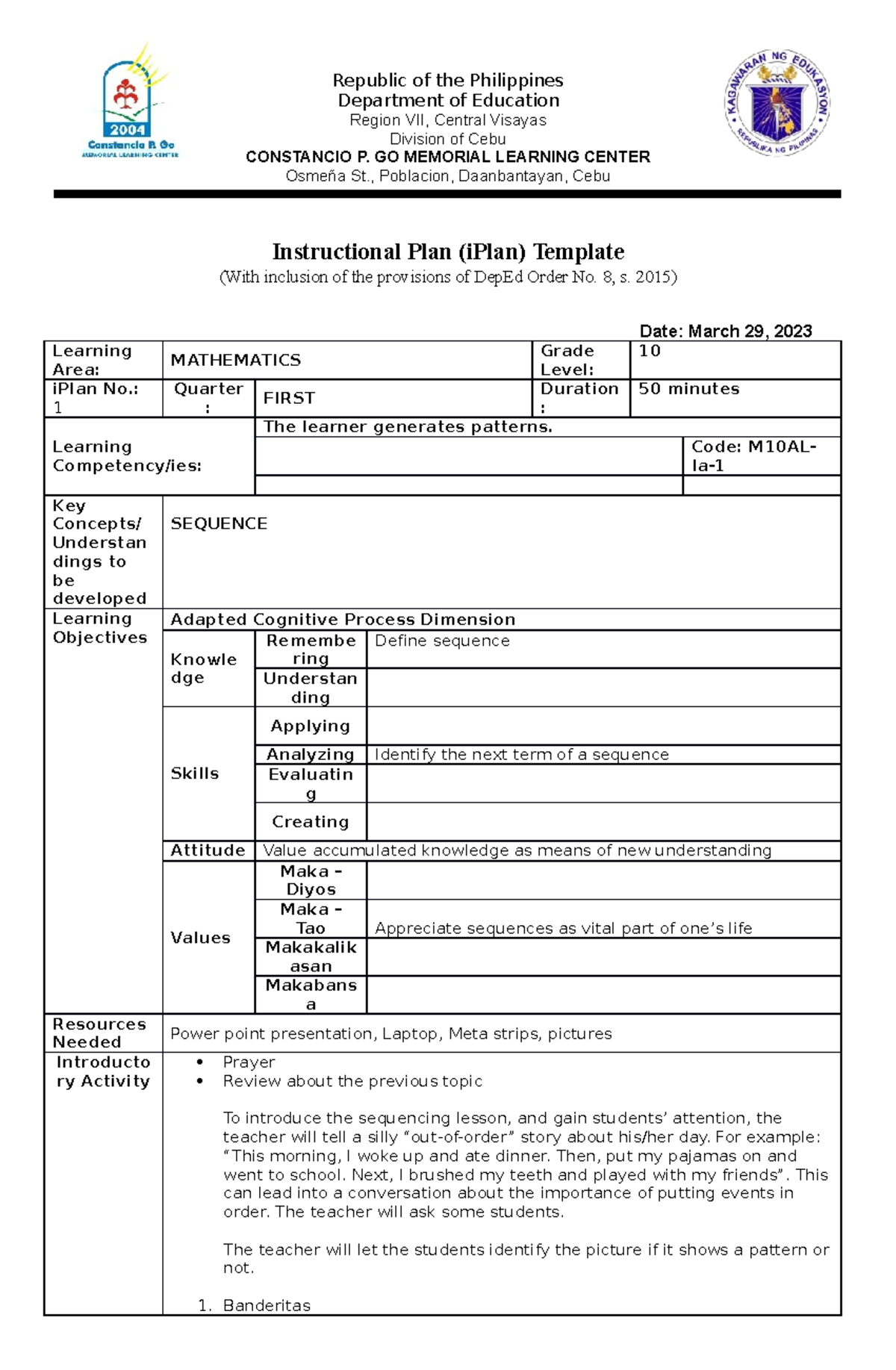 iPlan-MATH-10: First Quarter Lesson on Sequences and Patterns - Studocu