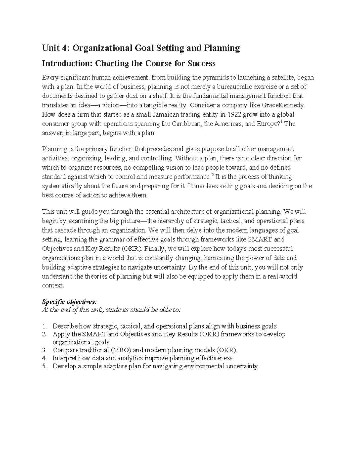 Unit 4: Org Goal Setting & Planning Frameworks (MBO vs. OKR) - Studocu