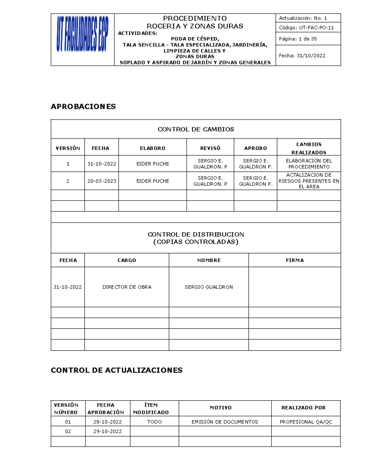 Procedimiento de Rocería y Zonas Duras - UT-FAC-PO- Actualización No. 1 ...