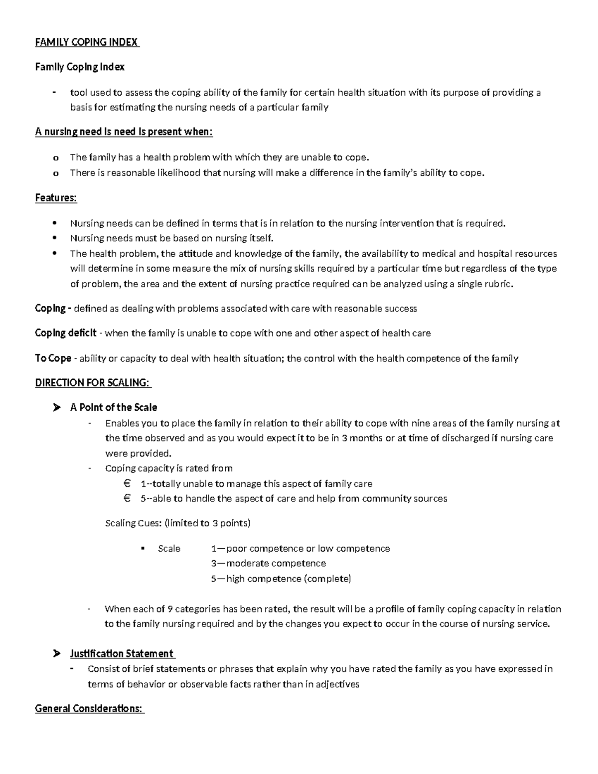 Family Coping Index: Notes on Assessment and Nursing Needs - Studocu