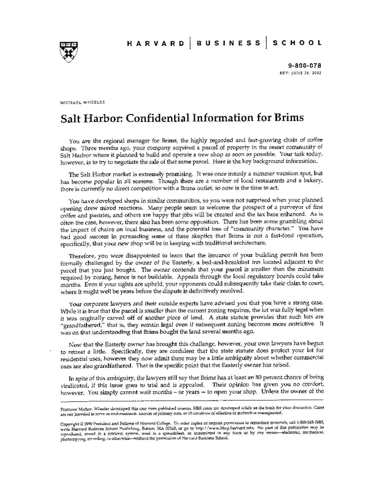 HBS Case Study: Salt Harbor Negotiation for Brims (2002) - Studocu