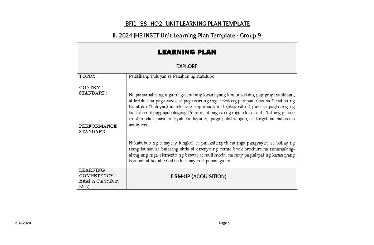 Final UNIT Learning PLAN Template Group 9 - BFI1_S8_HO2_UNIT LEARNING PLAN TEMPLATE II. 2024 JHS ...