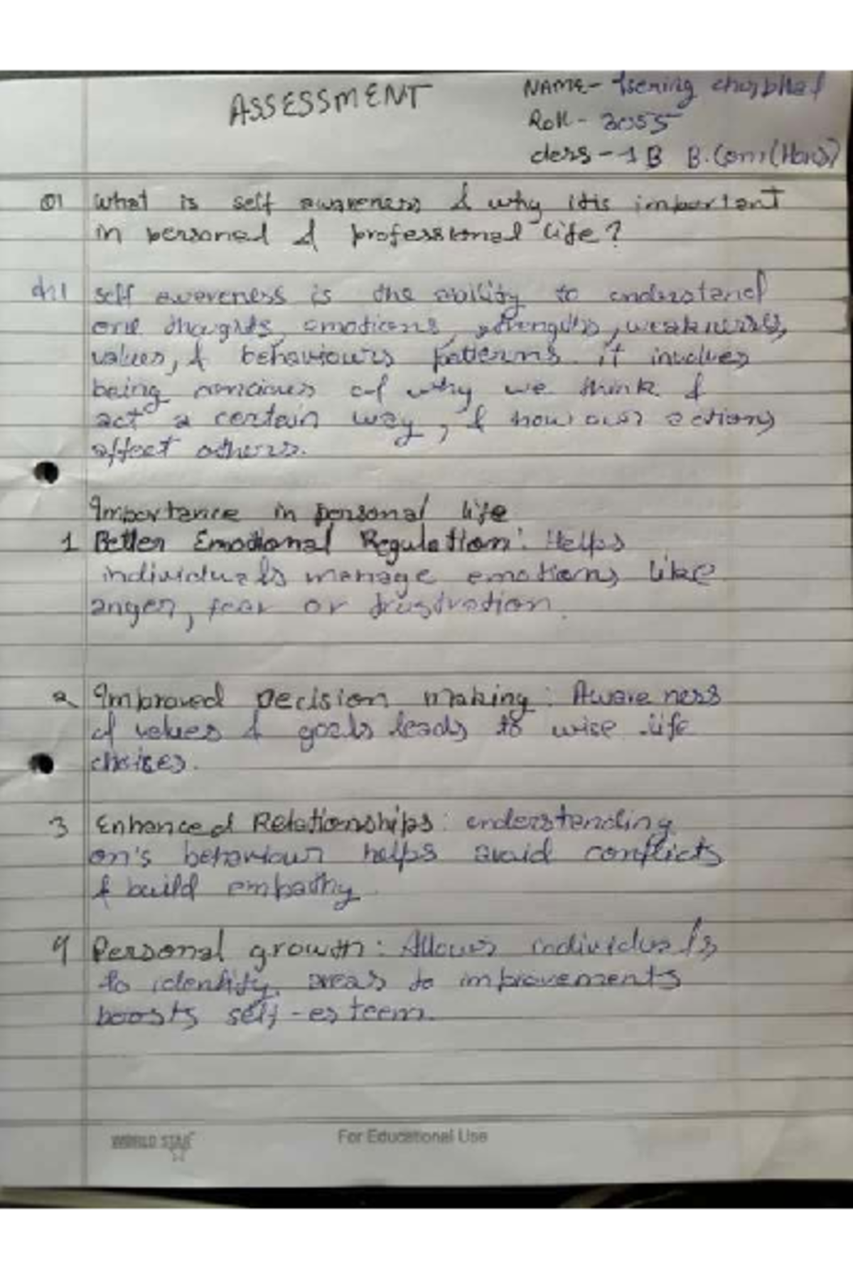 Assessment 1: Self-Awareness & Mindfulness in Personal and Professional ...