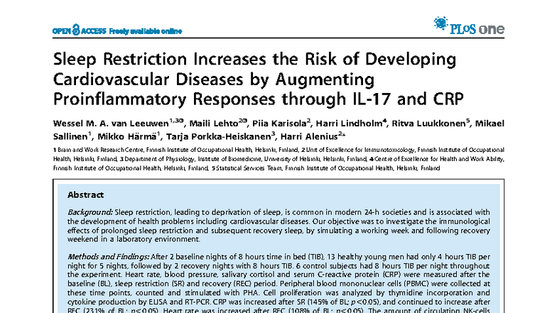 Sleep Restriction and Inflammation: Cardiovascular Disease Risks (PLoS ...