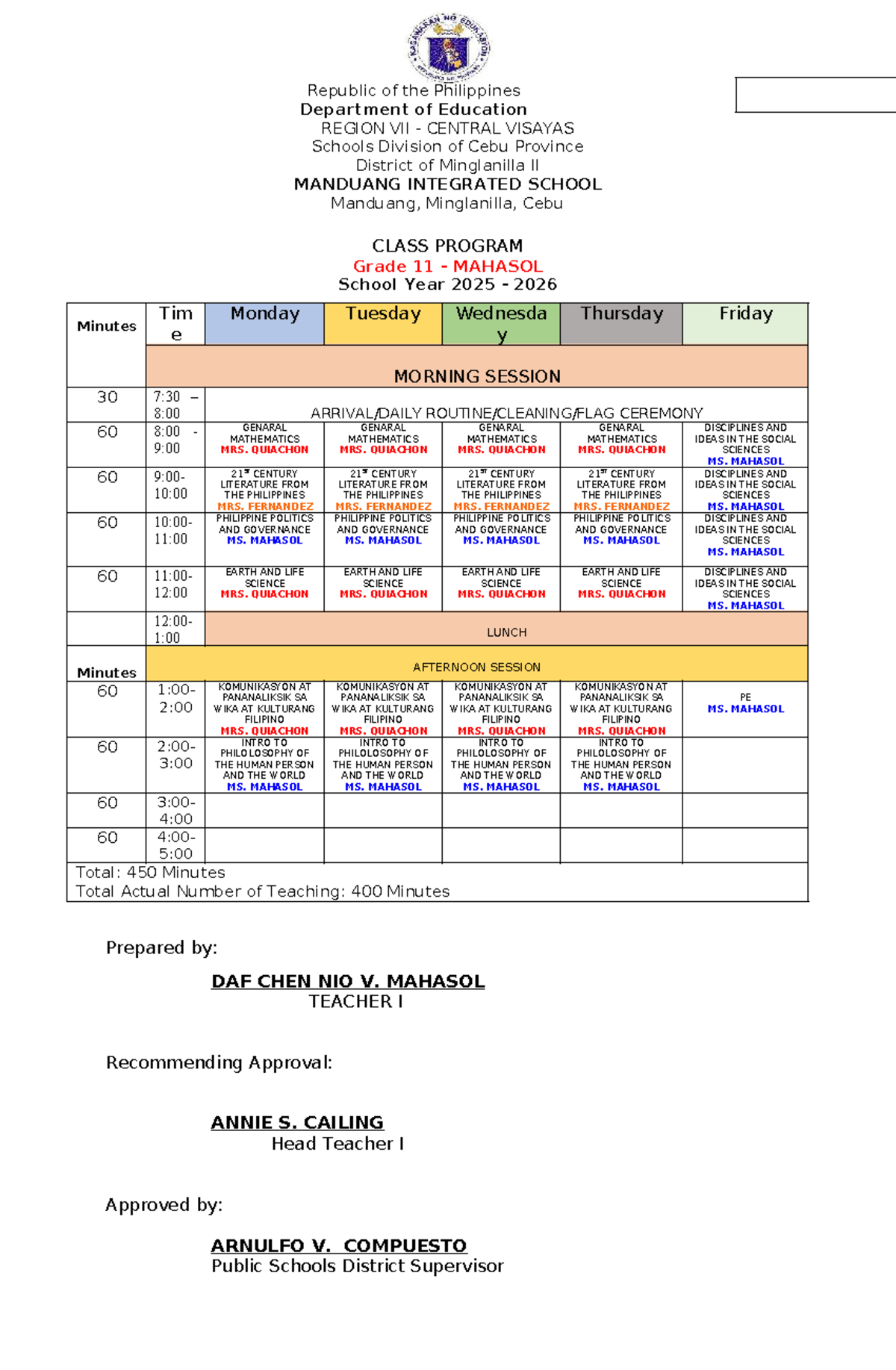 G11 Class Program for Mahasol School Year 2025-2026 - Studocu