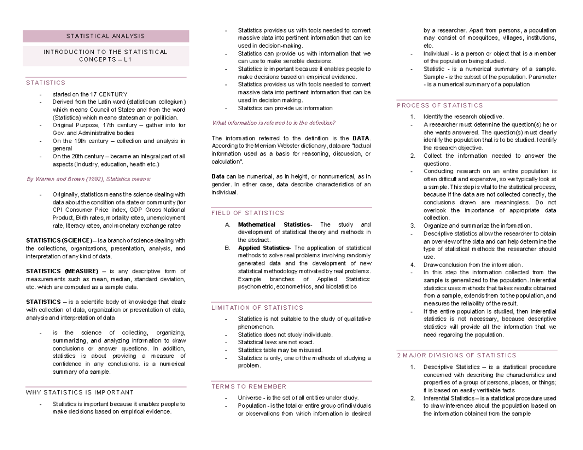 STATISTICS 101: Intro to Statistical Concepts & Data Analysis Notes ...