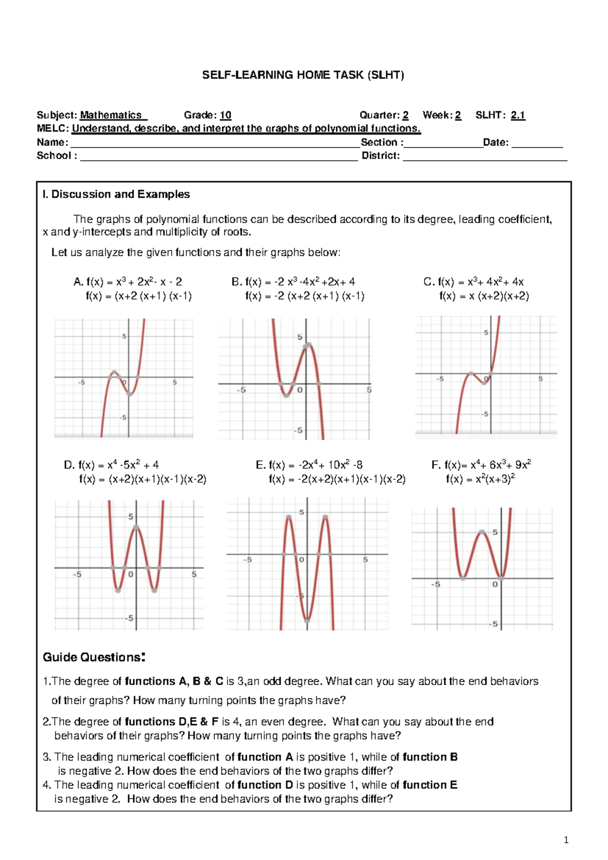 Math10 SLHT Q2 Wk2: Analyzing Polynomial Function Graphs - Studocu