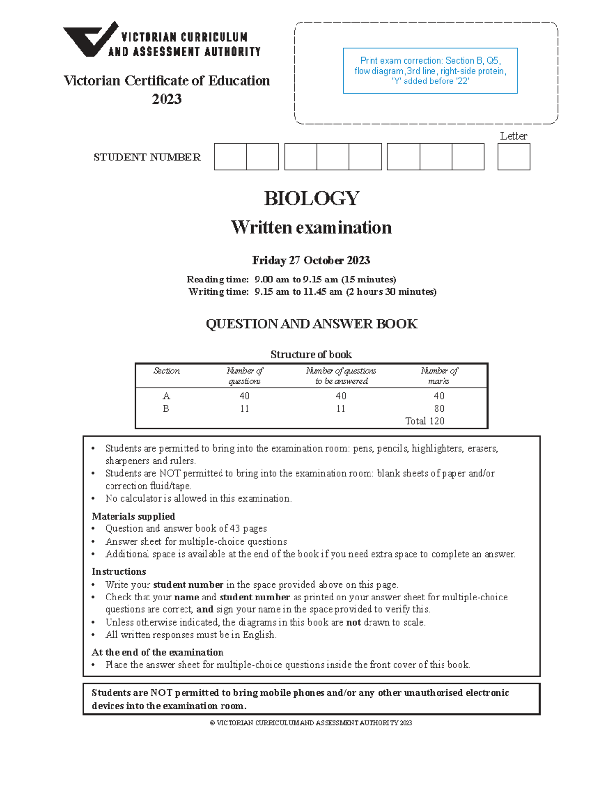 2023 VCE Biology Exam: Section B Corrections and Flow Diagrams - Studocu