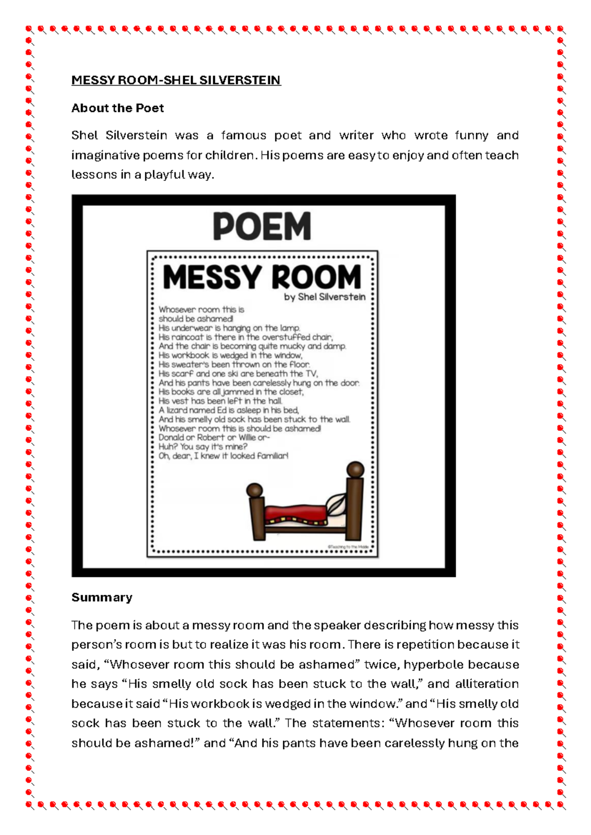 Gr5 Messy Room - Analysis and Insights on Shel Silverstein's Poem - Studocu