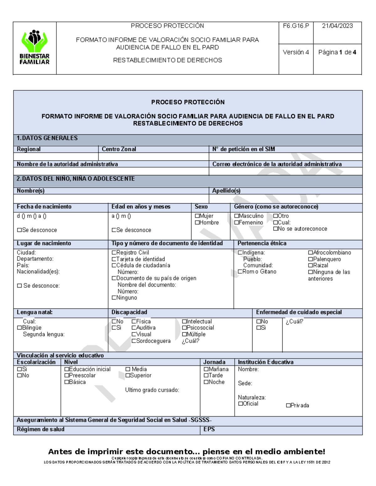 Informe Socio Familiar para Audiencia de Fallo en el PARD - Versión 4 ...