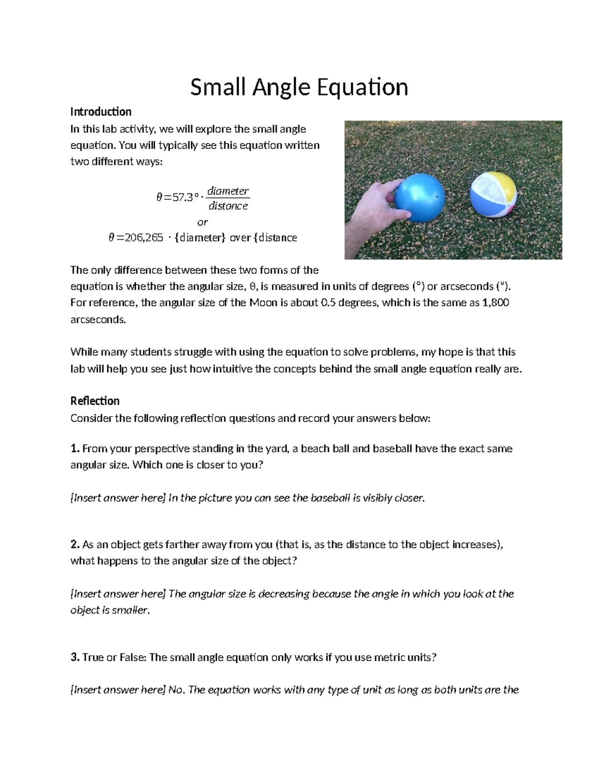 Small Angle Equation Lab: Understanding Angular Size in Astronomy - Studocu