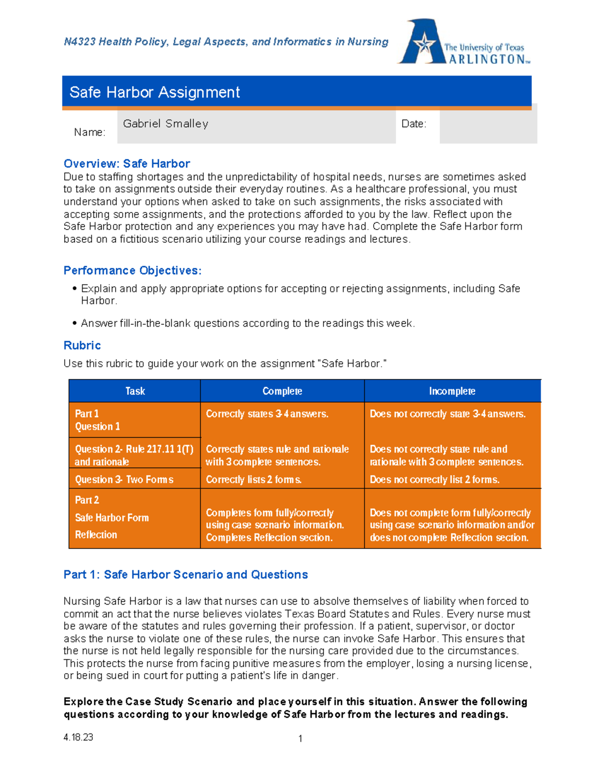 N4323 Safe Harbor Assignment: Legal Aspects in Nursing (Sp 2025) - Studocu