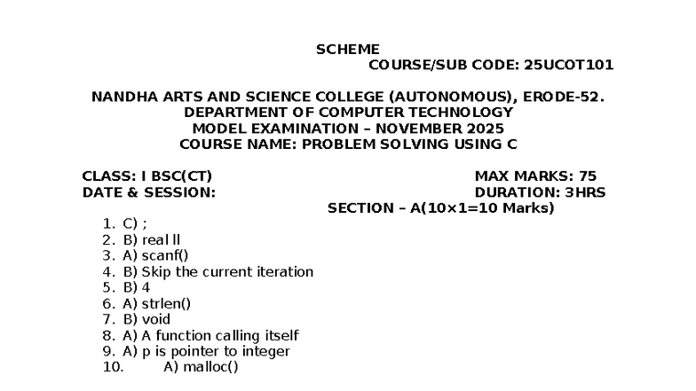 SCHEME CODE: 25UCOT101 MODEL EXAMINATION NOV 2025 - C PROGRAMMING - Studocu