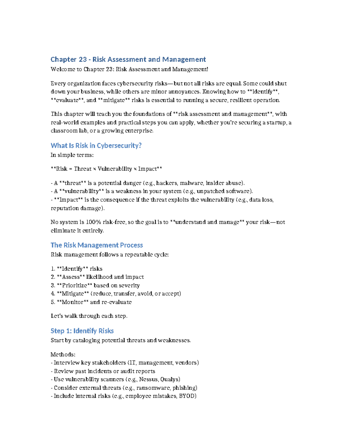 Chapter 23 - Cybersecurity Risk Assessment & Management - Studocu