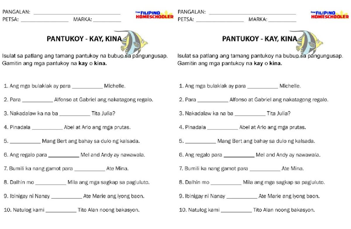 PANG-UKOL: KAY AT KINA - FILIPINO HOMESCHOOLER EXERCISES - Studocu