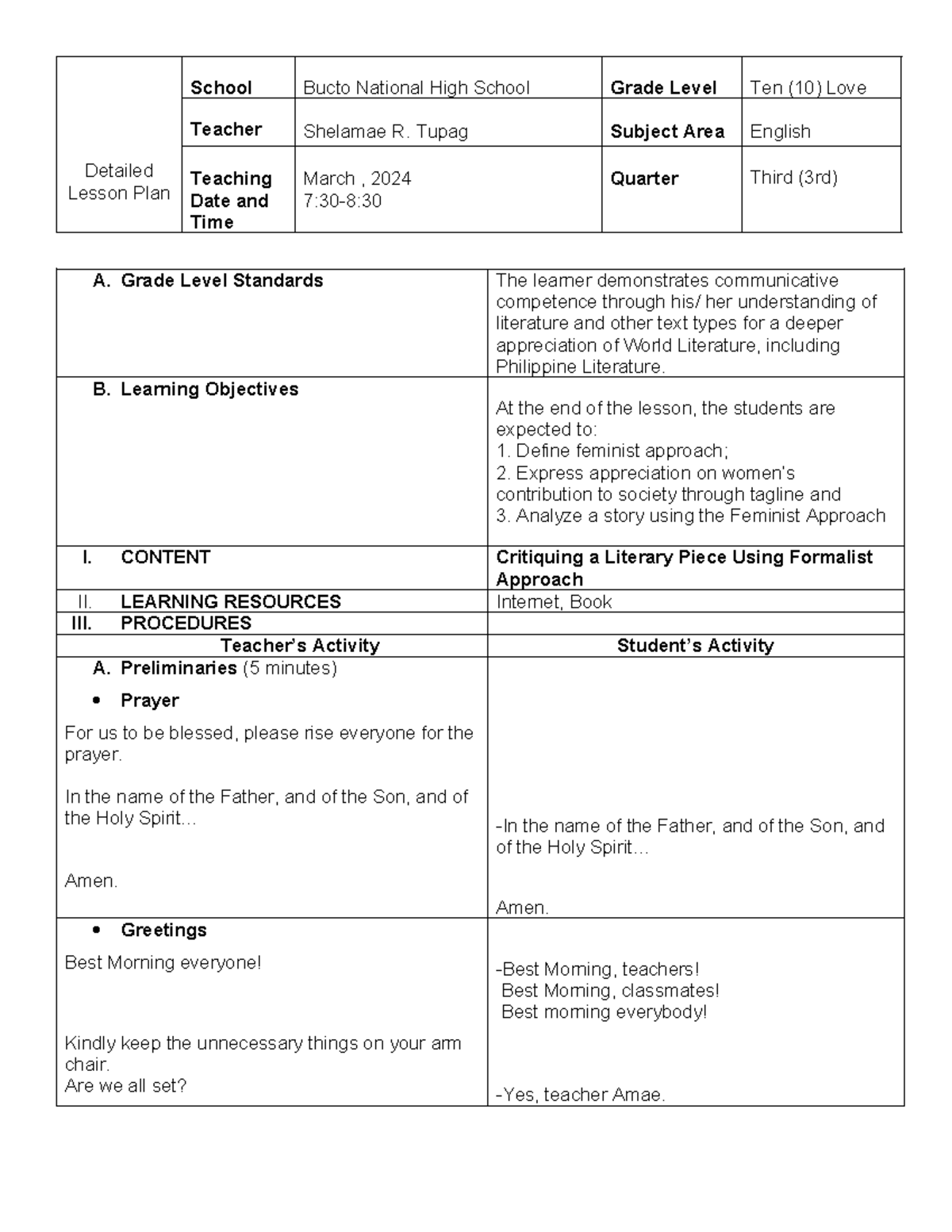 DLP 10 3.5 - Lesson Plan on the Feminist Approach in English - Studocu