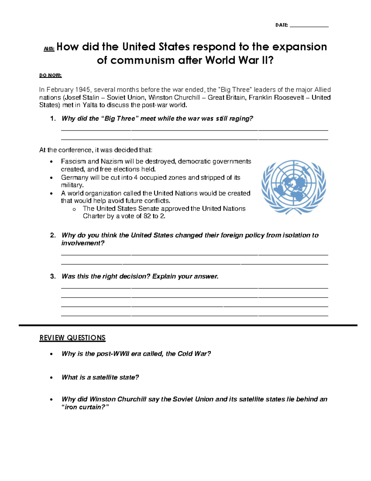 Truman Doctrine & Marshall Plan Worksheet: Cold War Policies Explained ...